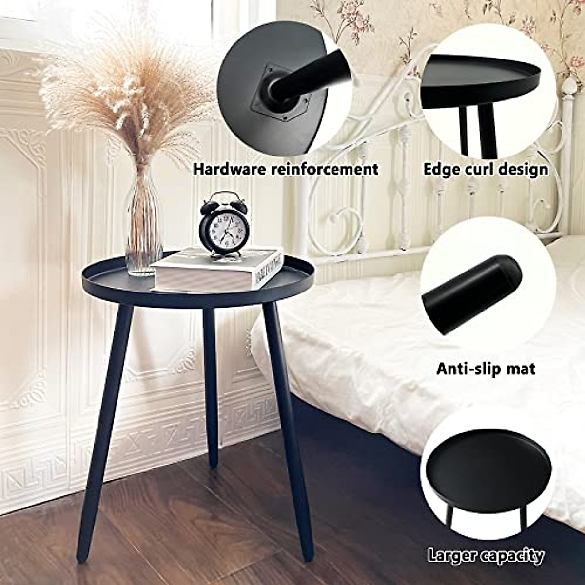 CADANI Round Side Table, Black Modern End Table, Metal Accent Table for Small Spaces, Living Room, Bedroom, Balcony, Easy Assembly, 15.8x18.9inches
