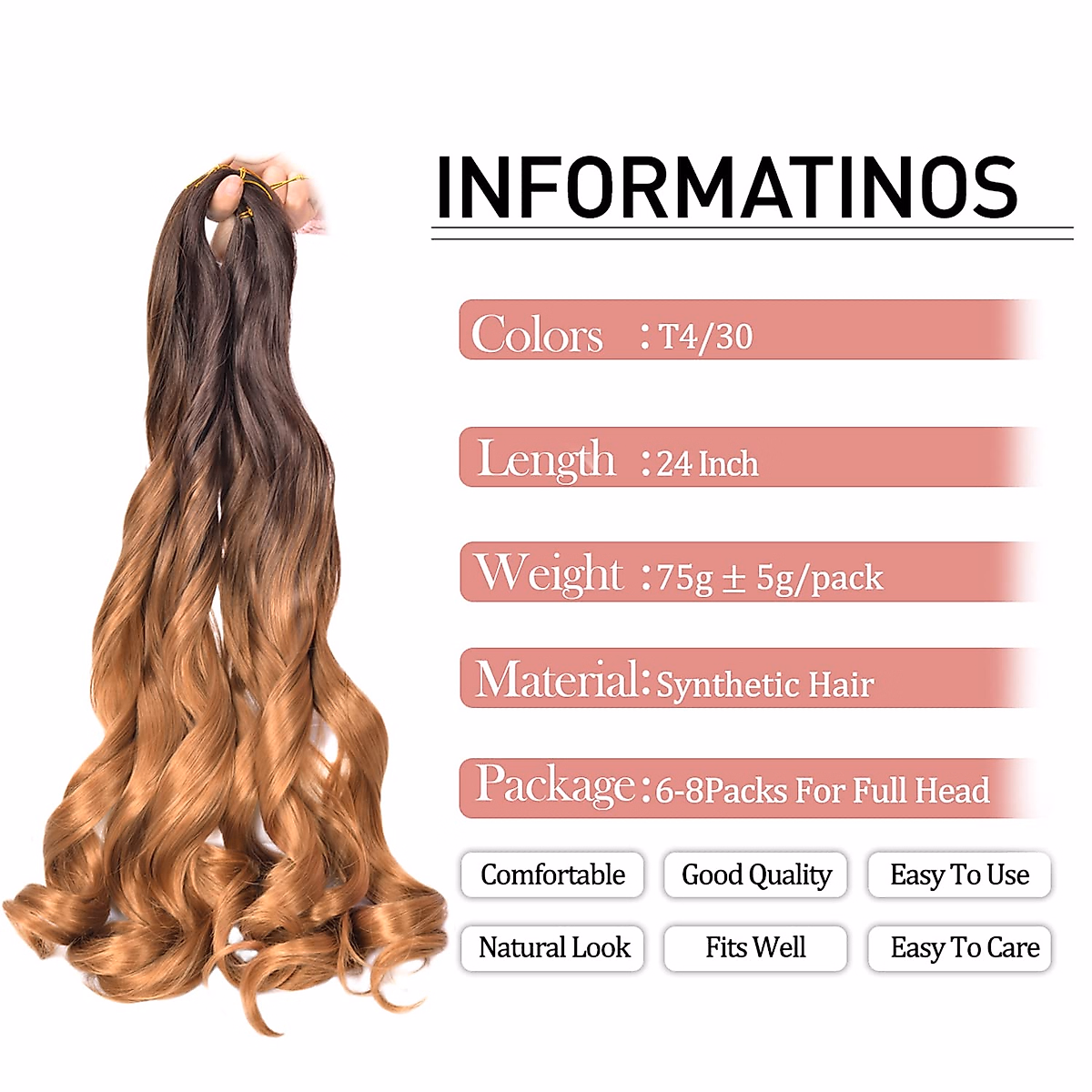 Luoyudu French Curly Braiding Hair,24 Inch #T4/30 Loose Wavy 8 Pack Bouncy French Curl Braiding Hair Extensions 75g/Pack Synthetic Crochet Hair Extensions (T4/30,8Pack)