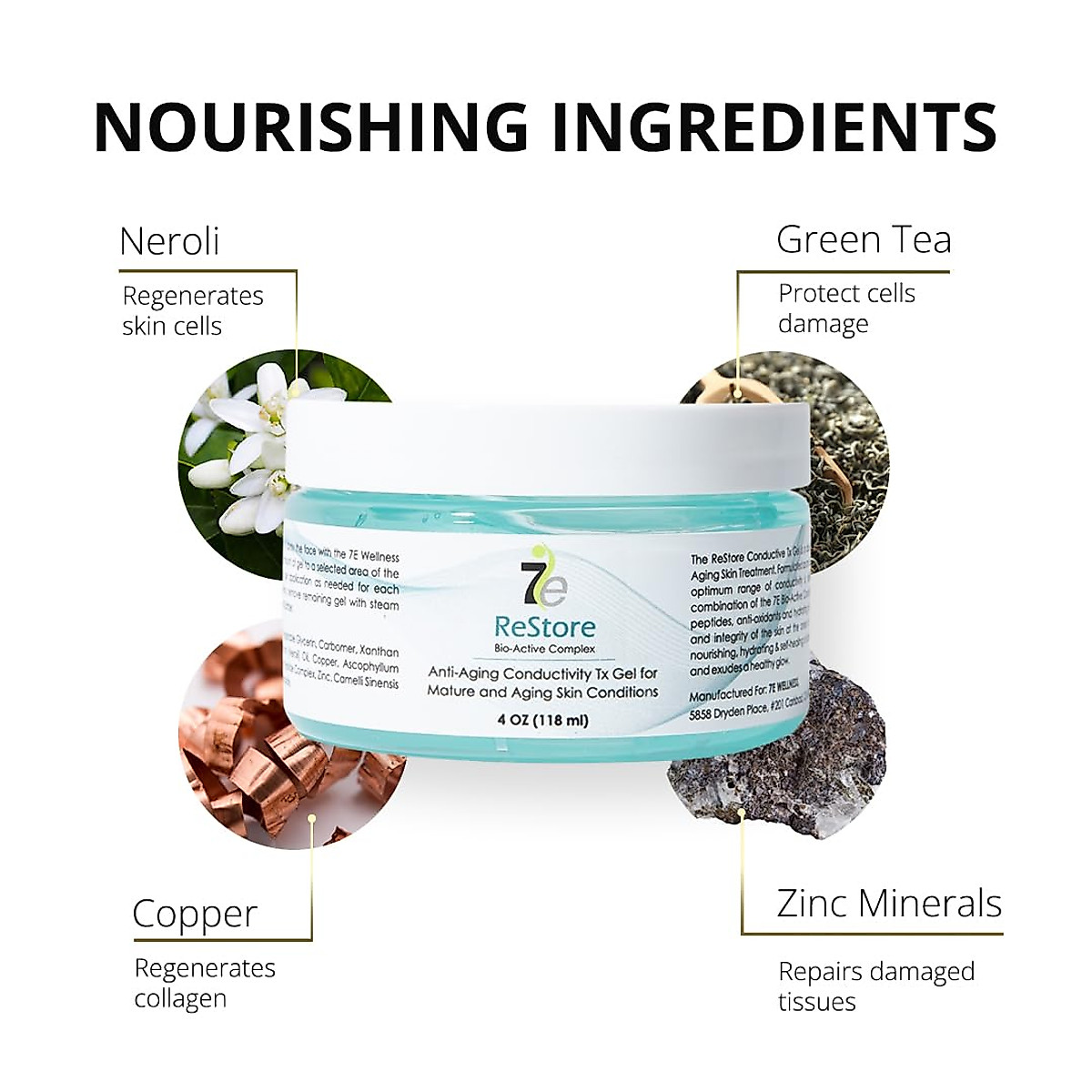 myolift 7E Wellness ReStore Conductive Gel with Bio-Active Complex - 4oz - Facial Skin Care Products with Green Tea Extract, Hyaluronic Acid, and Collagen Peptides - Anti Aging and Skin Tightening