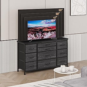 Jojoka Wide Dresser with 10 Large Drawers for 55'' Long TV Stand with Power Outlet Entertainment Center, Storage Fabric Drawer Unit for Bedroom, Closet, Entryway, Sturdy Metal Frame, Black willow