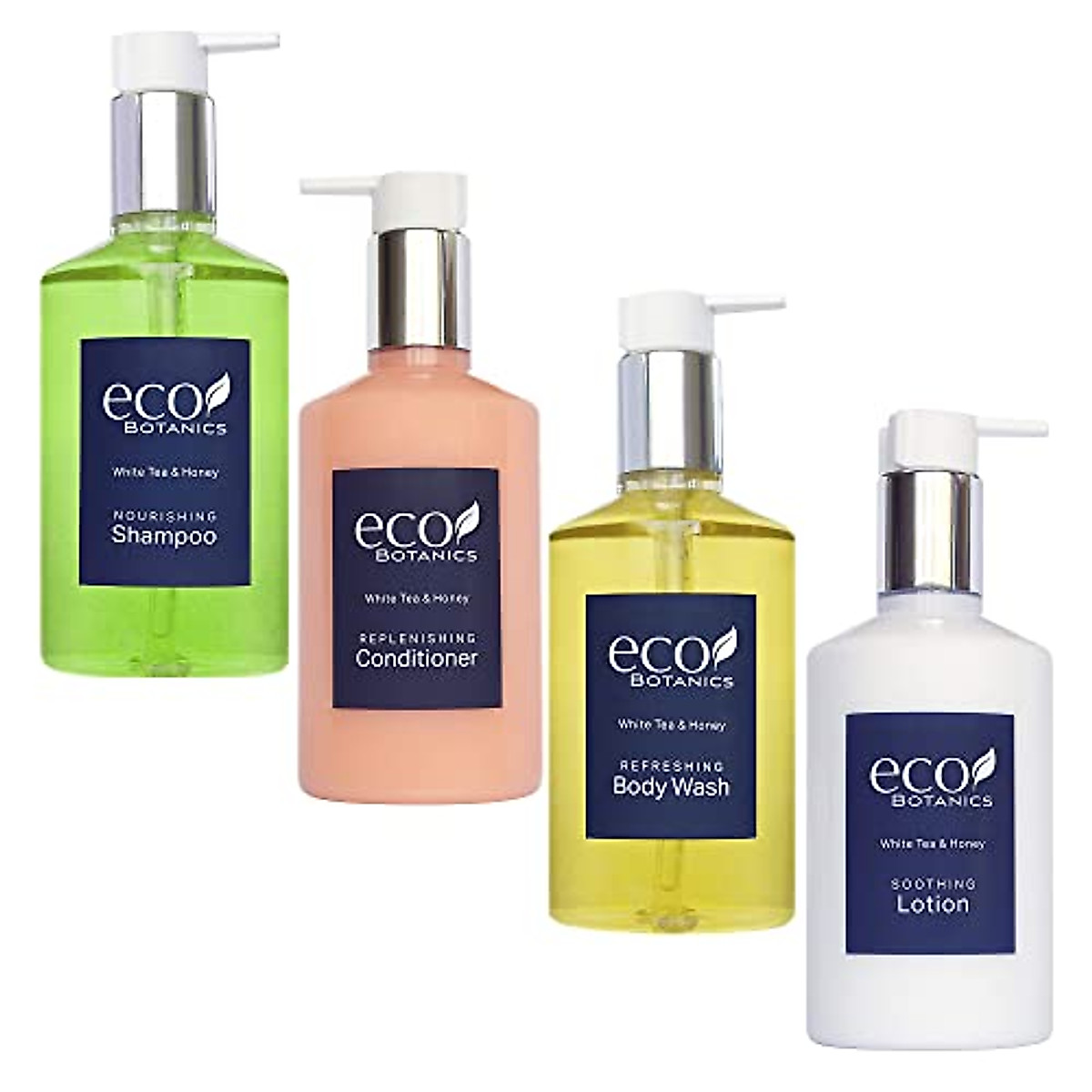Eco Botanics Hotel Amenities Set | 10.14oz Pump Bottles | Shampoo, Conditioner, Hand & Body Wash, and Lotion | Set of 4