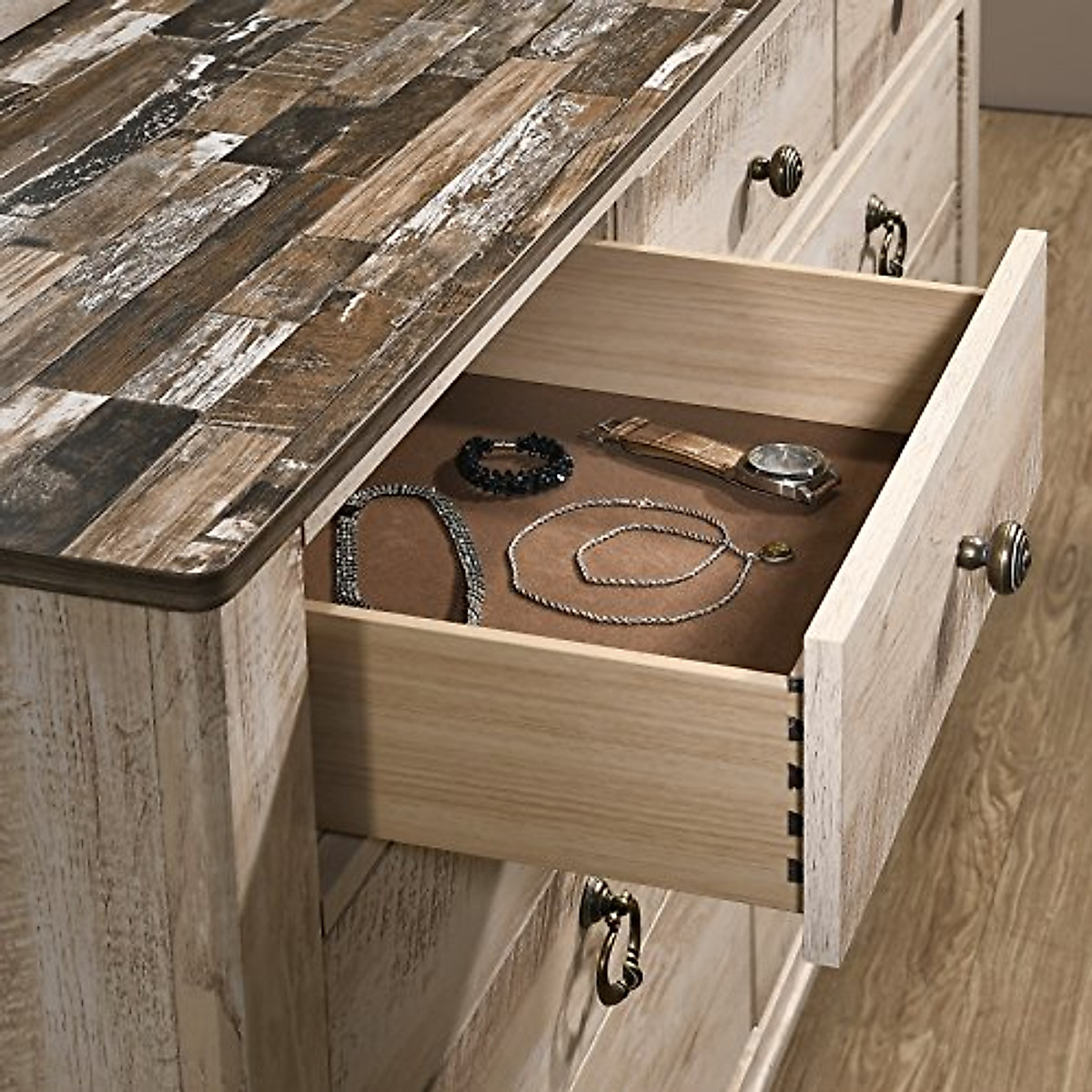 Roundhill Furniture Imerland Bed White-wash Finished 6-Piece Sleigh Headboard Bedroom Set, King