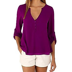 Andongnywell Women Button V-Neck Casual Tops T-Shirt Loose Top Blouse Pull Sleeve Loose Chiffon Shirt (Purple,4,X-Large)