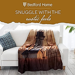 Bedford Home Sherpa Fleece Throw Blanket- Lighthouse Print Pattern, Lightweight Hypoallergenic Bed or Couch Soft Plush Blanket for Adults and Kids