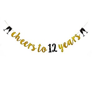 Cheers To 12 Years Fun Gold Banner Sign for 12th Birthday / Anniversary Party Bunting Supplies Decorations Garlands