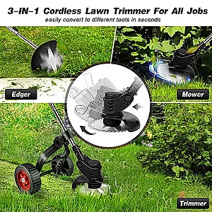 Hesitroad 3 in 1 Electric Grass Trimmer, Rechargeable D-Shaped Handle Weed Eater Cordless 2 Wheel Telescopic Lawn Mower Full Functional Brush Cutter for Garden 21V 2000mAh Batteries Supply 850W