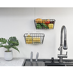 2 Pack Hanging Storage Basket, Bathroom Basket, Household Goods Storage Basket, with Traceless Tape, no Drilling, for Cabinet Storage, Kitchen, Bathroom, Storage Room (2 Black)