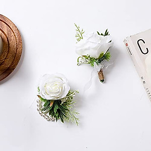 Senseya Wrist Corsage Wristlet Band Bracelet for Girls Women Bride Bridesmaid, Corsages Wristlet Artificial Silk Roseboutonniere Hand Flower Prom Decor (1 Boutonniere & 1 Wrist Corsage White)