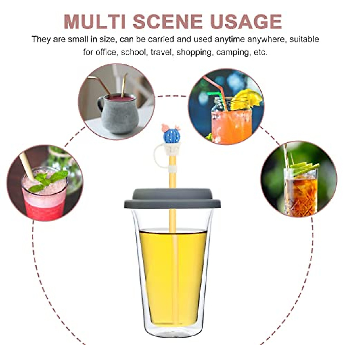 12Pcs Silicone Animals/Cactus Shape Straw Covers Cartoon Straw Tips Cover Reusable Silicone Straw Toppers Cute Straws Plugs for 6 to 8 mm Straws Home Kitchen Accessories