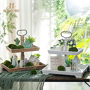 Hanobe Tiered Tray for Table Decor: 2 Tier Easter Serving Stand Farmhouse Decorative Tray for Coffee Bar Centerpiece Rectangle Wood Display Stands Kitchen Counter (Brown)