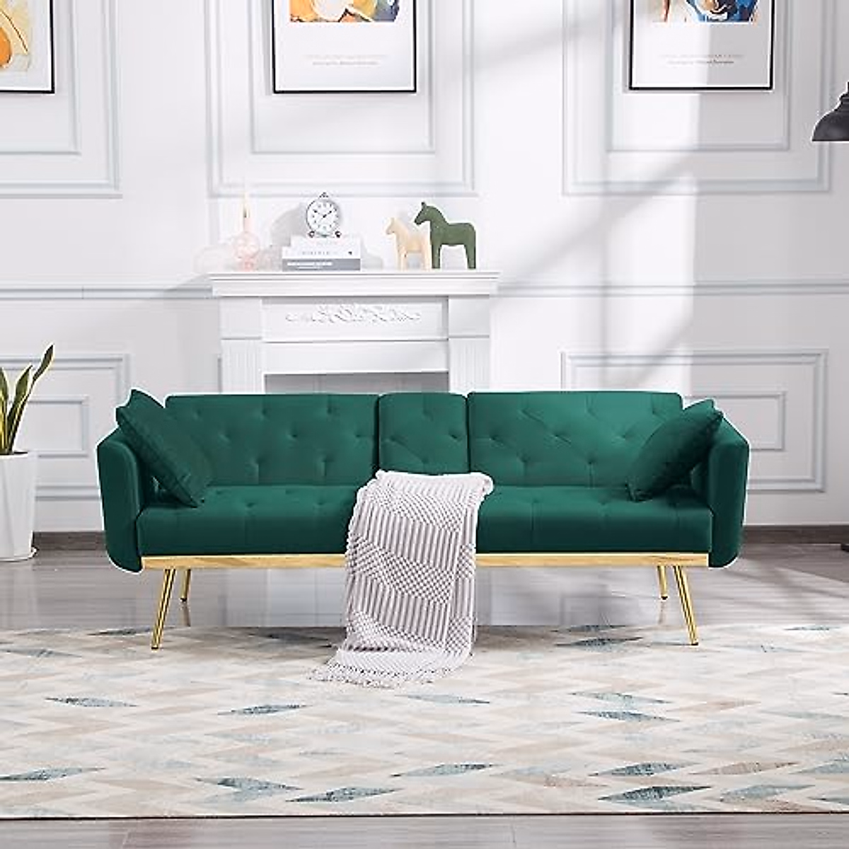 Eafurn Convertible Futon Sofa Bed with 2 Cup Holders, Modern Velvet Split-Back Folding Loveseat Sleeper Couches w/Adjustable Tufted Backrest,Square Armrest Sofabed, Dark Green 72.4" with 2 Pillows