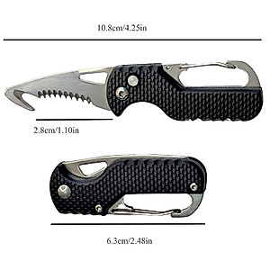 Package opener, Portable Utility Cutter, Small Pocket Box, Seatbelt, Strap Cutter Knife, Razor Sharp Serrated Blade and Paratrooper Hook, Carabiner Keychain, Safe, Survival EDC Folding Tool