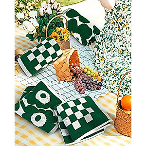 Soft Hand Towels for Bathroom Checkered and Sun Floral - 2 Styles 4 Pack Cotton Hand Towel Set - Dark Green