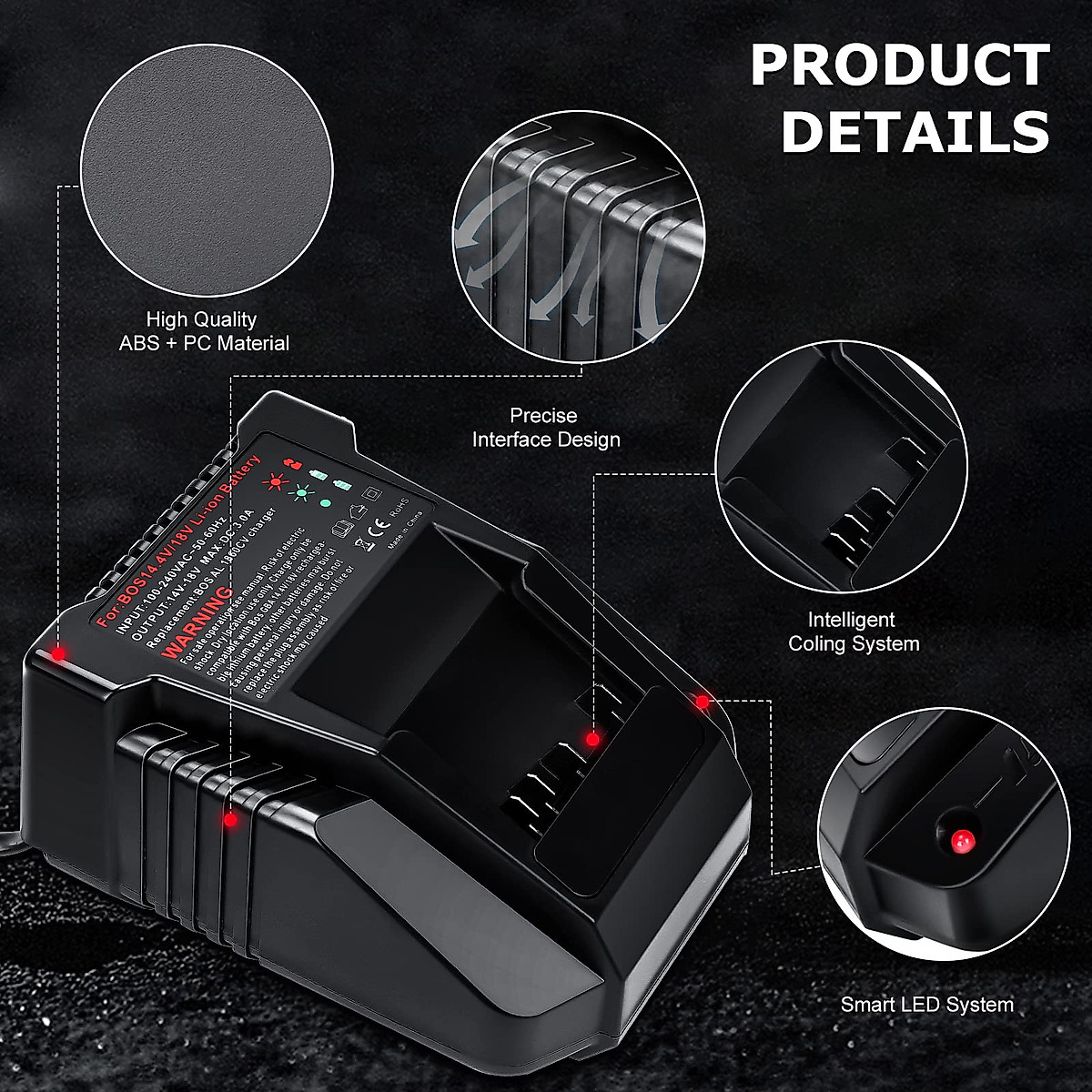 BC660 Li-ion Charger for Bosch SKC181-02 BC1880 BC630 BAT609G BAT618 2607336236 Electrical Drill 14.4V- 18V 1018K Replacement Battery (US Plug)