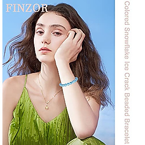 FINZOR 15Pcs Beaded Bracelets Handmade Stretch Glass Bracelet for Women Multicolor Snowflake Crack Crystal Beads Bracelet Elastic Round Bead Bracelets Jewelry Adjustable 8mm