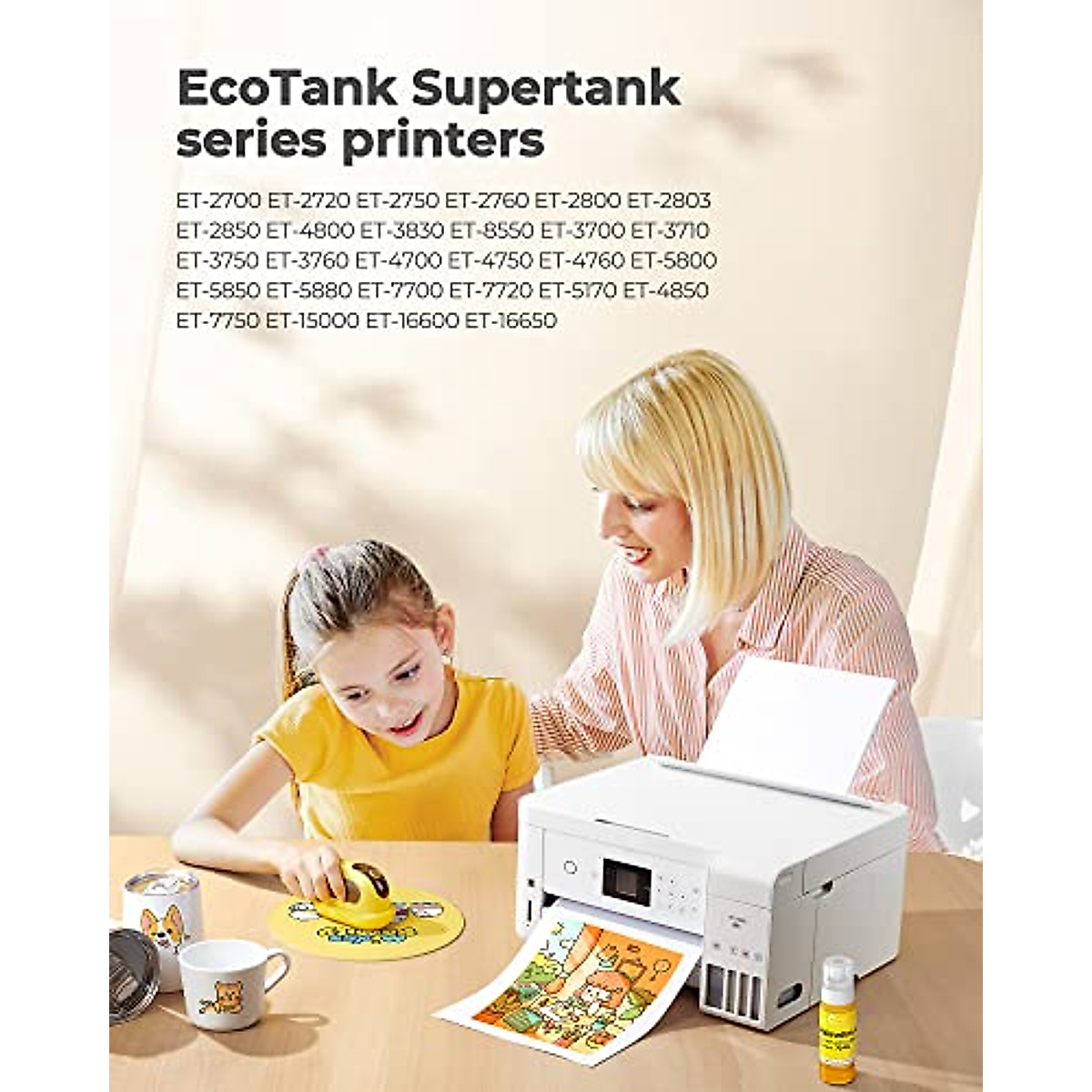 Hiipoo Sublimation Ink for EcoTank Supertank Inkjet Printer ET-2400 ET-2720 ET-2760 ET-2800 ET-2803 ET-2830 ET-4800 ET-3760 ET-2850 ET-7720 ET-15000 /Upgrade Version/Offer Free ICC Printing