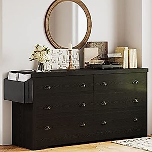 LIKIMIO Dresser for Bedroom 6 Drawer with Charging Station, TV Stand Storage Chest of Drawers for Living Room Hallway Entryway, MDF Board, Black