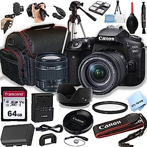 Canon EOS 90D DSLR Camera w/EF-S 18-55mm F/4-5.6 STM Zoom Lens + 64GB Memory Card, Case, Hood, Tripod, Grip-Pod, Filter, Professional Photo Bundle(24pc)