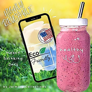 Reusable Smoothie Cup Regular Mouth 24 oz Mason Jar with Wide STAINLESS STEEL Straws Drinking Cups and Lids and Straws- Drinking Lid and BPA Leak Proof Caps by Jarming Collections