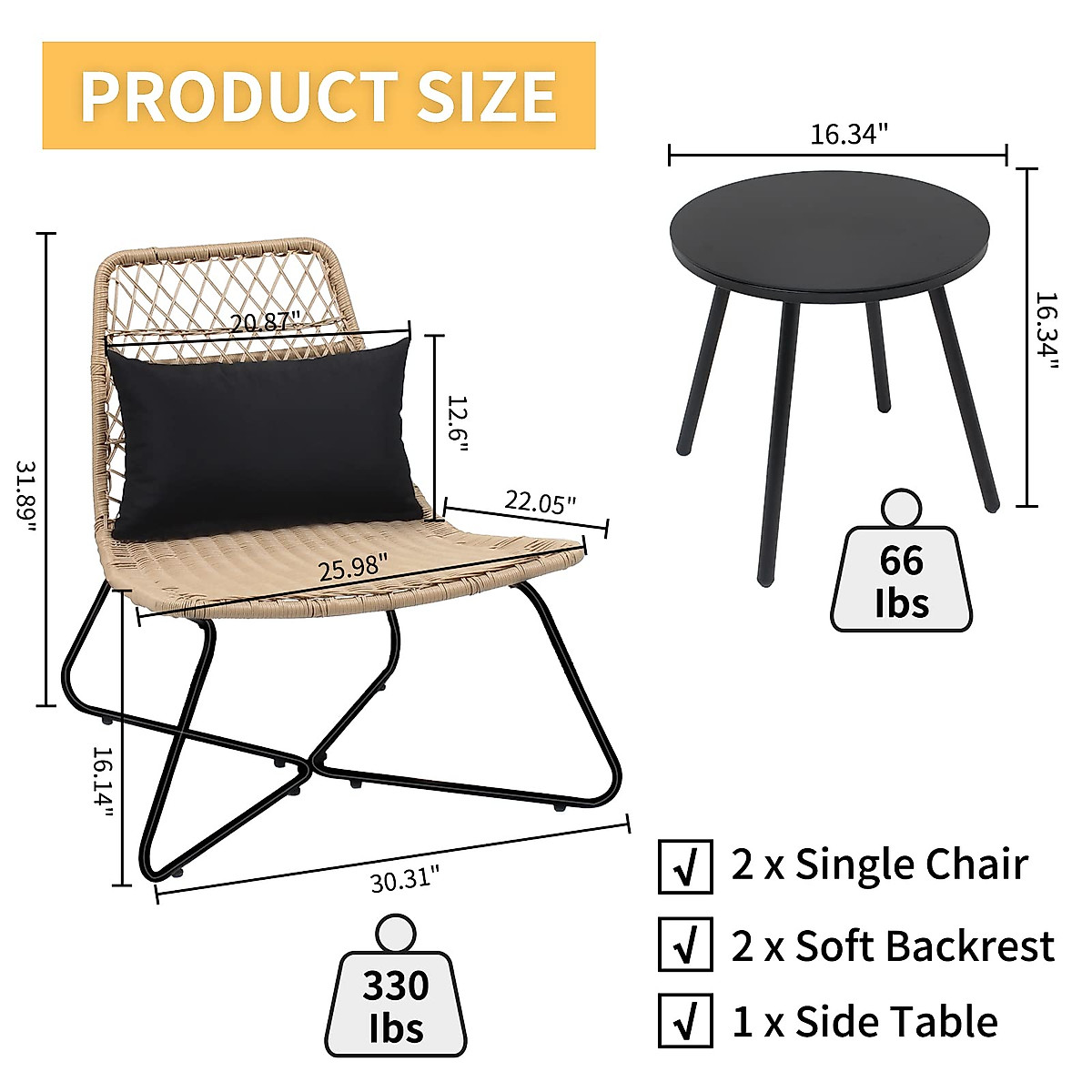 VARVIND 3-Piece Patio Bistro Set,Outdoor Wicker Conversation Bistro Sets with Side Table,Rattan Woven Rope Table Set with Lumbar Pillows,Patio Wicker Furniture for Garden,Balcony,Porch,Poolside(Black)