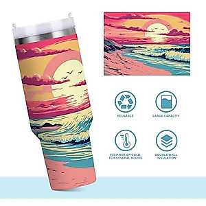 PaChyLuu 30 oz Insulated Tumbler with Handle and Straw Lid, Sunset Beach Lighthouse Leak-Proof Stainless Steel Travel Coffee Mug for Car Cup Holder