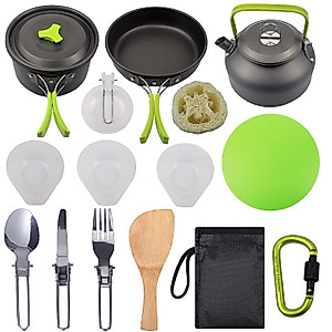 Peidesi Camping Cookware Mess Kit, Portable Camp Stove Pots and Pans Set, Carabiner, Folding Knife, Fork Spoon Kit, Carry Mesh Bag,Teapot for Backpacking, Outdoor Camping, Hiking and Picnic（16Pcs）