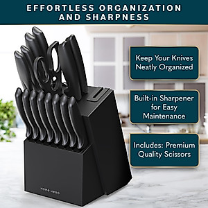 Home Hero Kitchen Knife Set with Sharpener - High Carbon Stainless Steel Knife Block Set with Ergonomic Handles (16 Pcs - Black)