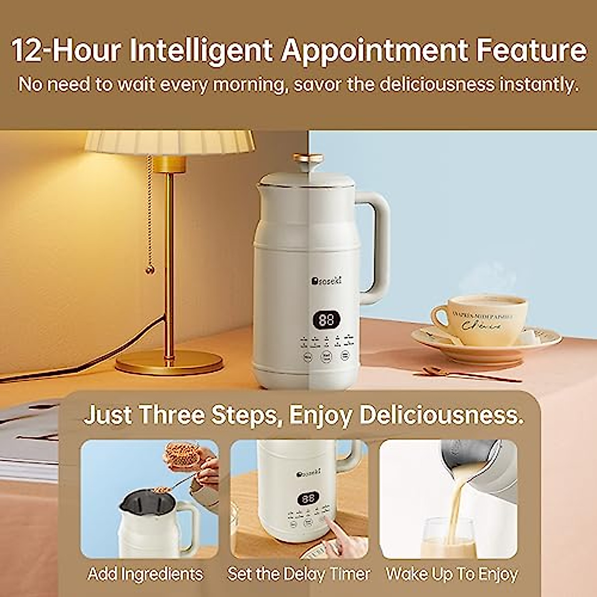soseki Nut Milk Maker Machine,1.05QT Automatic Almond Milk Maker Machine 6 Pre-set Plant Milk Recipes, One-touch Cleaning And Drying Soy Milk Maker Machine, Nut/Soy/Coconut/Oat Milk Maker Machine (White)
