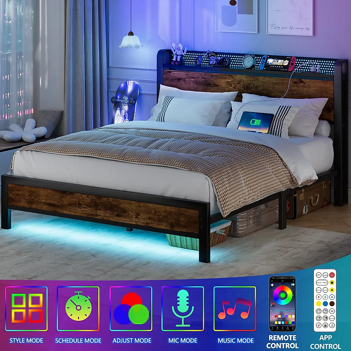 Furnulem Full Bed Frame with LED Lights,Industrial Storage Headboard with Charging Station,USB Port,Under Bed Storage,Wood Platform with Strong Metal Support,No Box Spring Needed, Silent