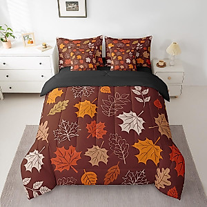 Erosebridal Autumn Harvest Comforter 7 Pieces King Size for Kids Teens with 2 Pillow Cases Fall Leaves Bedding Set Thanksgiving Day Sheet Set Rustic Farmhouse Bed Set Gold Fallen Leaf Fitted Sheet