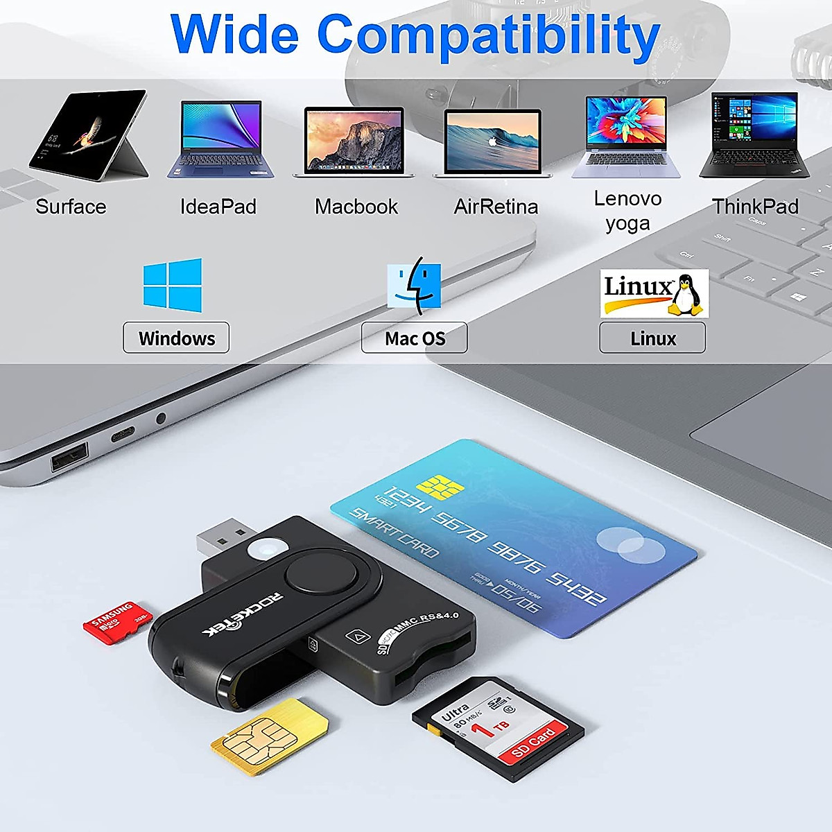 USB CAC Smart Card Reader, CAC/DOD Military, SDHC/SDXC/SD & Micro SD Card Reader for SIM and MMC RS & 4.0, Compatible with Windows, Linux/Unix, MacOS X