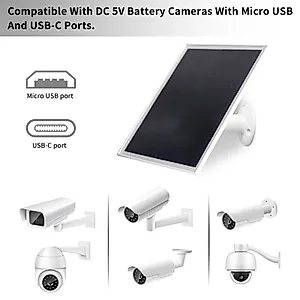 Solar Panel Charger, Solar Panel for Security Camera,6W USB Solar Panel with Micro USB & USB-C Port, IP66 Waterproof Camera Solar Panel with 360°Adjustable Mounting