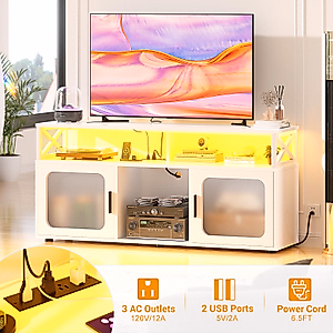 Aheaplus TV Stand for 55 60 Inch TV, Entertainment Center with LED Light & Charging Station, TV Console Table, Large Media Console Cabinet w/Soundbar Shelf, Cord Holes, for Living Room, Bedroom, White