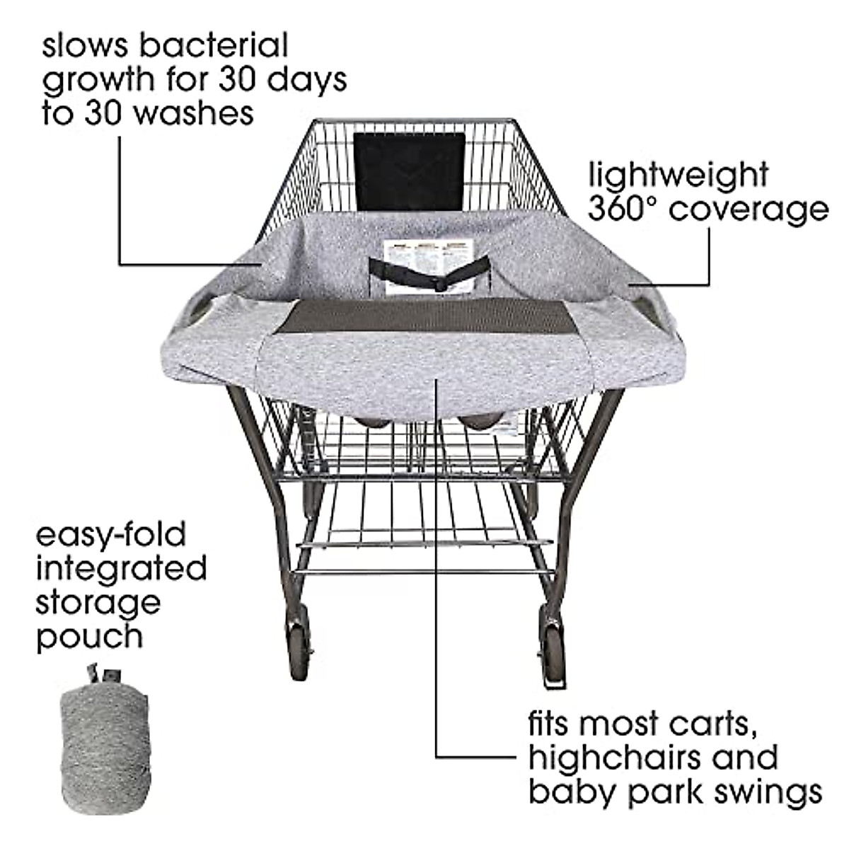 Boppy Compact Shopping Cart Cover, Antibacterial Treated, Gray Heathered with Storage Pouch, Easy-on Stretch Fabric for Single and Wide Shopping Carts, Highchairs and Playground Swings, 6-48 Months