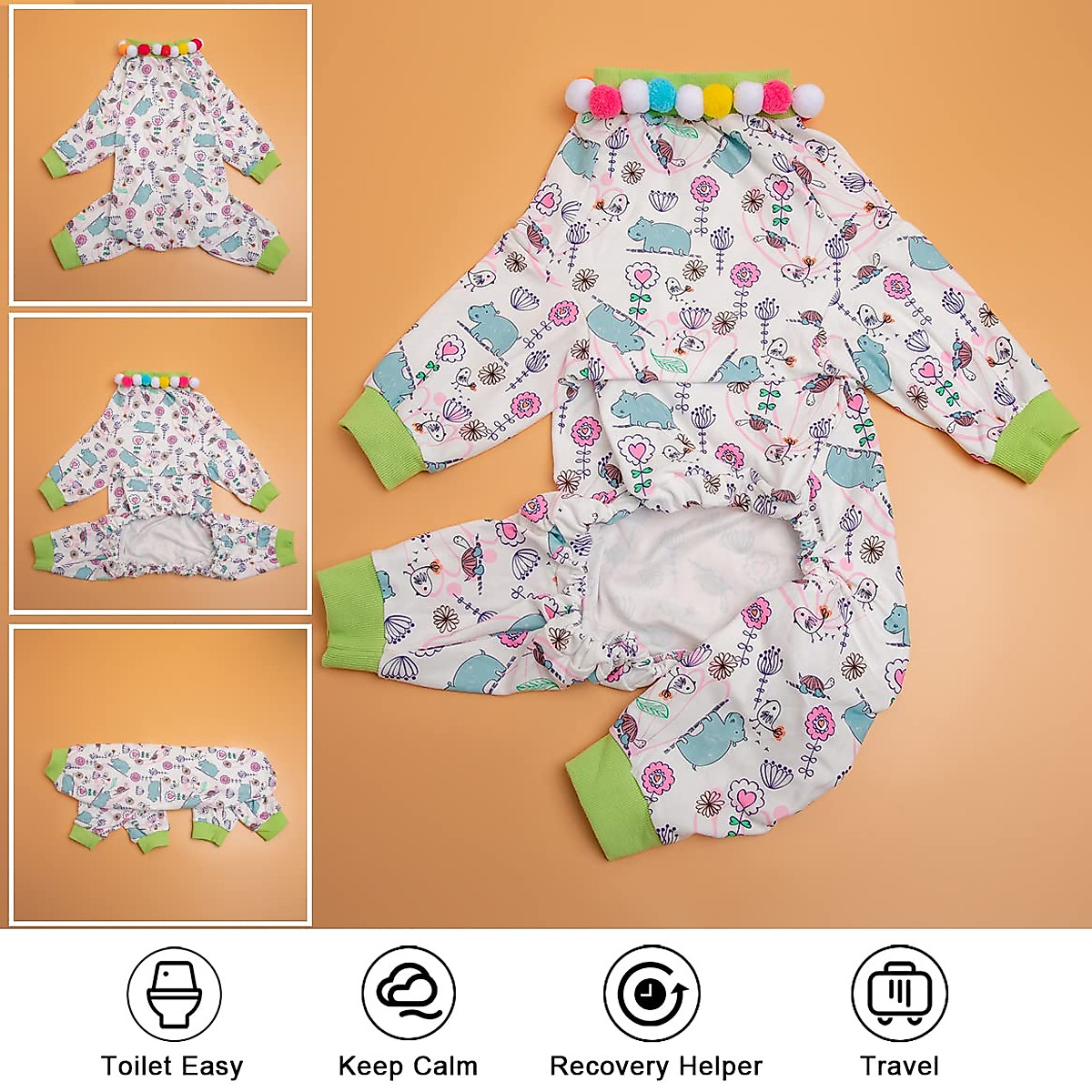 LovinPet Dog Jammies Large Dogs, UV & Post Operative Protection, 4 Legged High Collar Dog Onesies,Lightweight Stretchable Hippo, Bird, Tortoise Prints Large Dog Pajamas as Base Shirt for Dog Dresses L