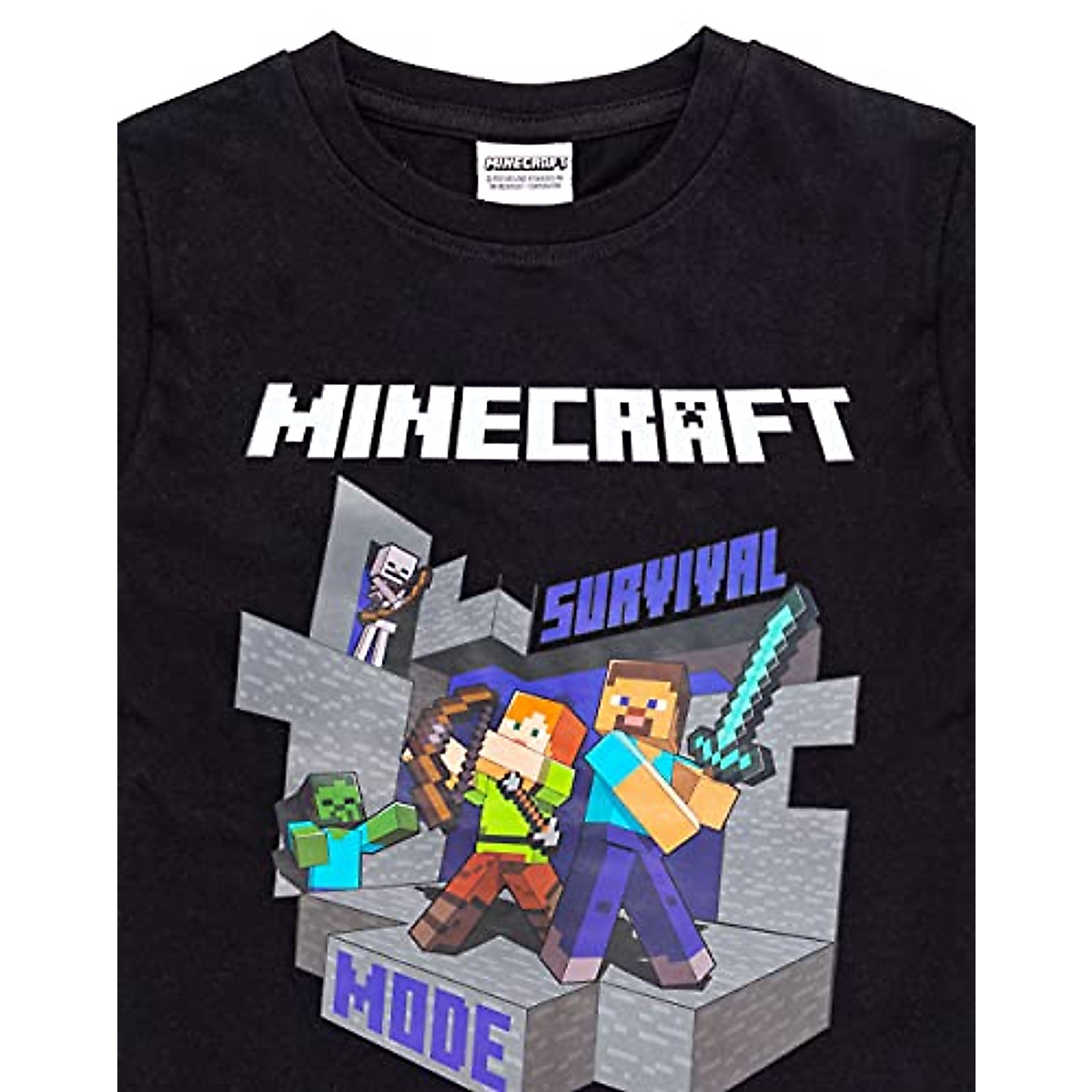 Minecraft T Shirt Boys Alex Steve Sword Black Game Short Sleeve Top 9-10 Years