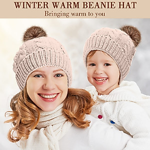 3 Pcs Parent Child Hat Knitted Baby Beanie Mother Daughter Hat Warm Knit Hat Pom Pom Parent Baby Beanie Hats for Winter (Beige)