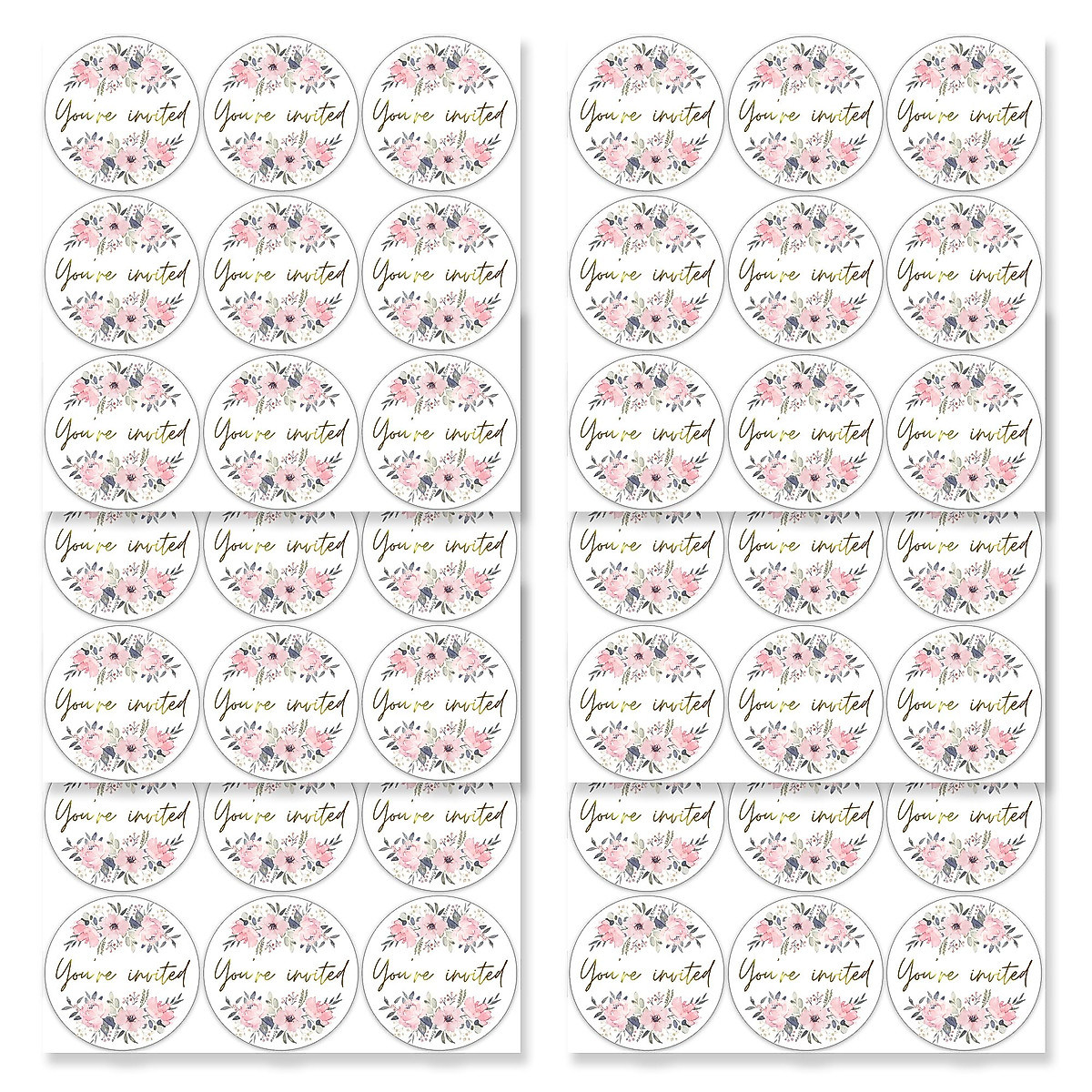 Mobiusea Creation Floral Party You're Invited Envelope Seal Stickers | 1.4 inch | Gold Foil | 54pcs Waterproof Invitation Stickers for Wedding, Bridal Shower, Birthday, Boho Girl Baby Shower