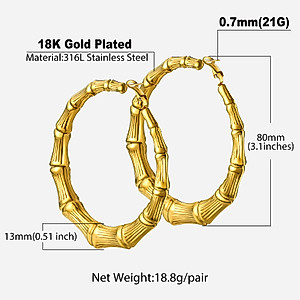Bandmax 18K Gold Plated Round Hoop Earrings 80MM Hip Hop Bamboo Hoop Earrings 80S 90S Rap And Rock Night Club Big Gold Earrings for Women