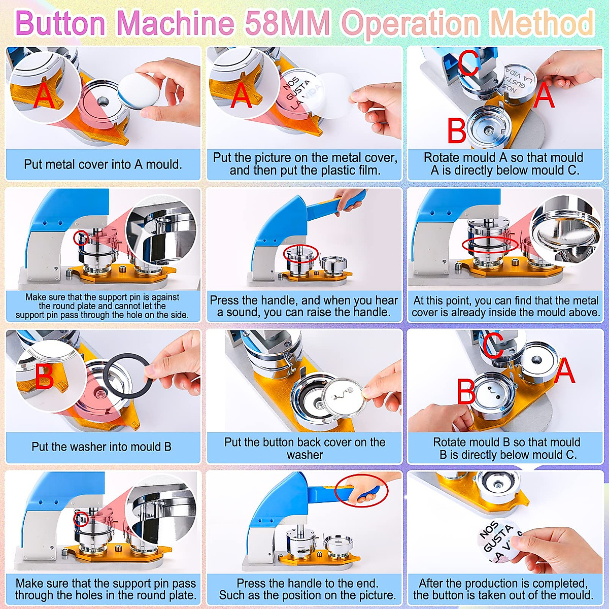 Button Maker Machine 58mm(2.25in) Installation-Free DIY Pin Badge Button Maker Press Machine Button Round Badge Maker Punch Press Machine with 100 Set Button Parts&Circle Cutter &Cutting Plate&Spanner
