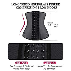 YIANNA Long Torso Waist Trainer for Women Latex Underbust Waist Corsets Cincher Hourglass Body Shaper 4 Row Hooks, (Size L, Black)
