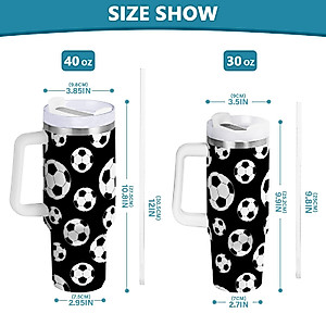 Traditional Black White Soccer Ball Tumbler with Handle and Straw Lid, Football 40 oz Insulated Coffee Cup Stainless Steel Water Bottle Travel Mug Cupholder Friendly,Gifts for Women Men