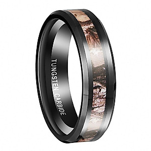 QUEENWISH 6mm Black Tungsten Camo Wedding Rings For Men & Women Hunting Camouflage Inlay Engagement Couples Jewelry Band Beveled Edges Comfort Fit