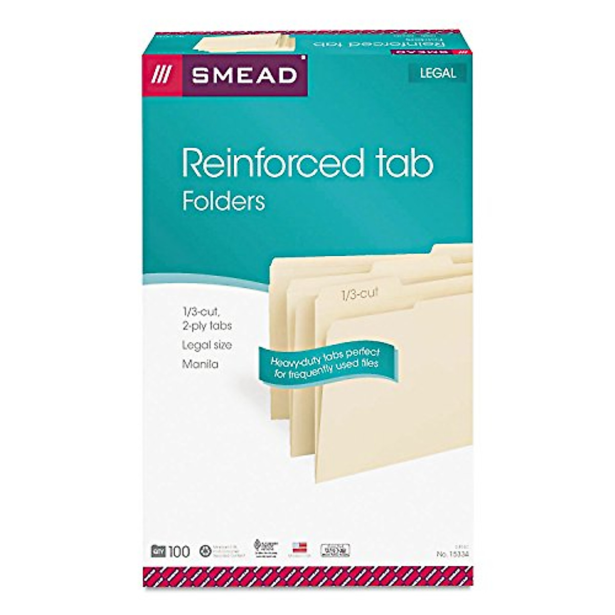 Smead File Folder, Reinforced 1/3-Cut Tab, Assorted Positions, Legal Size, Manila, 100 per Box (15334)