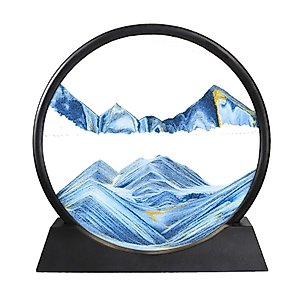 BGFJYUK Moving Sand Art Picture in Motion, Round Tempered Glass 3D Deep Sea Sandscapes with Display Flowing Sand Frame for Relaxing Desktop Home Office Work Décor for Kids Adults （Blue, 7inch