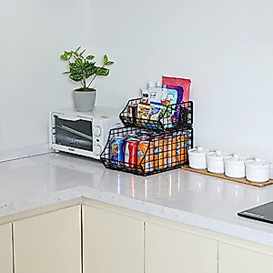 LUMAMU 2-Tier Stackable Wire Baskets for Storage Pantry, Hanging Wall Basket with Removable Dividers Countertop Basket Organizer for Snack Fruit Veggies Canned Food, Black