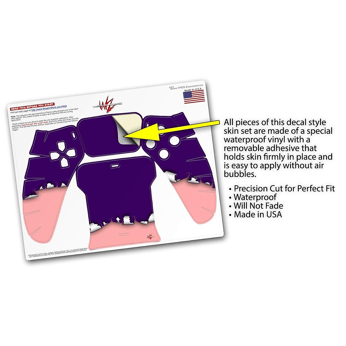 WraptorSkinz Skin Wrap compatible with Sony PS5 DualSense Controller Ripped Colors Purple Pink (CONTROLLER NOT INCLUDED)