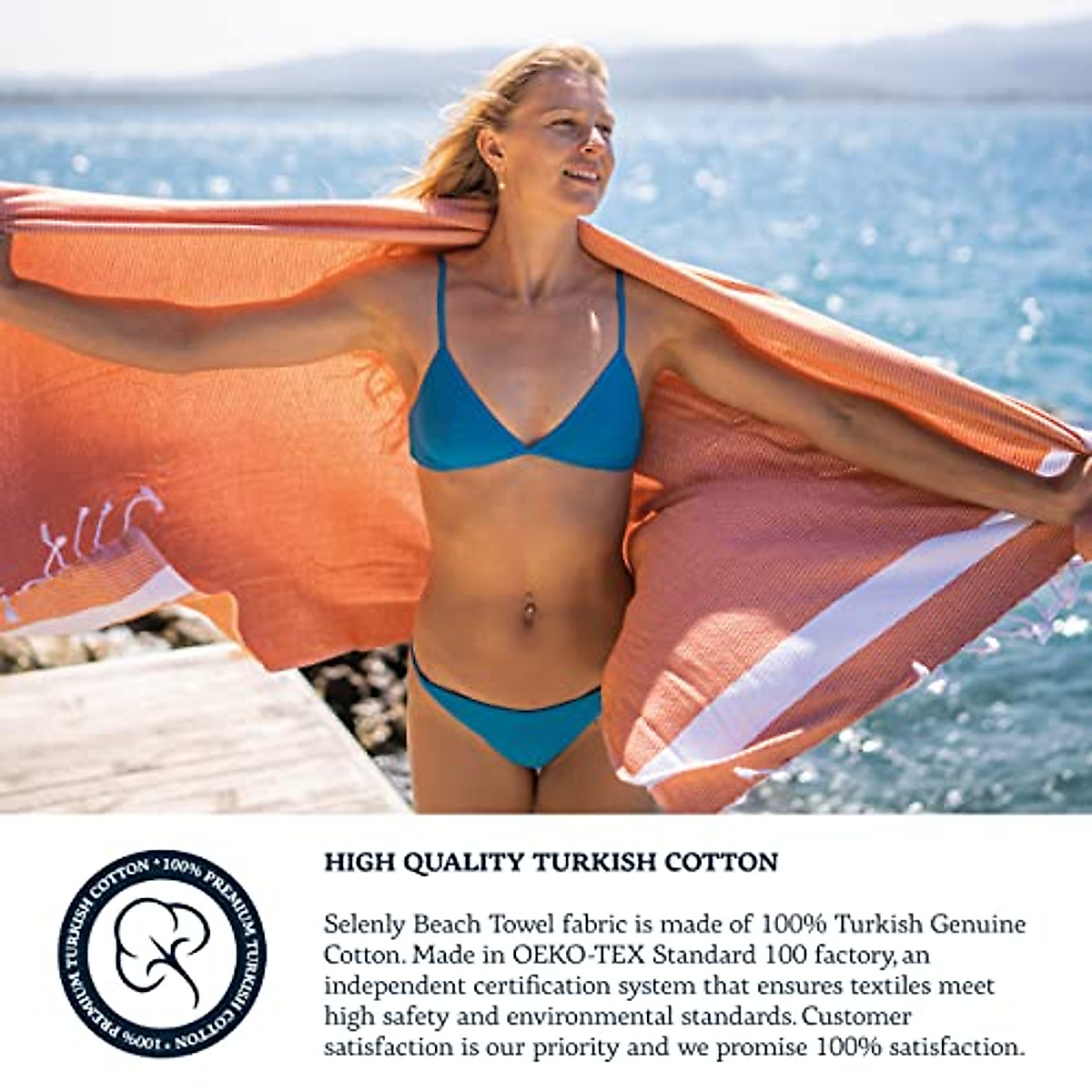 Selenly Turkish Beach Towel, 100% Cotton Pre-Washed Quick Dry 37x71 Inches Peshtemal Bath Towel for Beach, Bathroom, Pool, SPA, Gym, Yoga - Soft and Absorbent Beach Blanket (Orange)