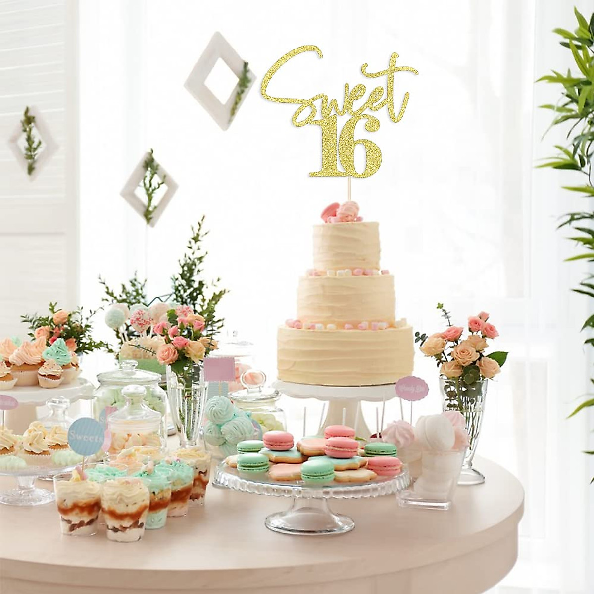 Bejotaa Gold Sweet 16 Cake Topper - 1 Premium Glitter Birthday Cake Topper