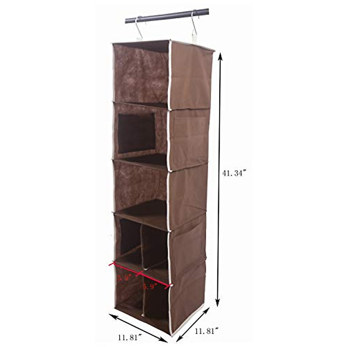 Amelitory 5 Shelf Hanging Closet Organizer Sturdy Fabric Foldable Clothes Hanging Shelves Storage Sweaters Shoes Organizer Coffee